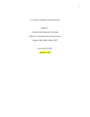 HIM 350 4-2 Journal - Information Governance Plan - RUNNING HEAD ...