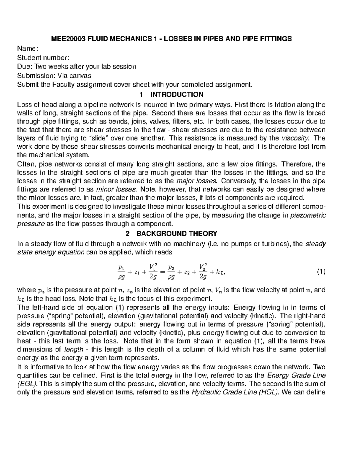 Lab pipe fittings (3)-1-2 - MEE20003 FLUID MECHANICS 1 - LOSSES IN PIPES AND PIPE FITTINGS Name ...