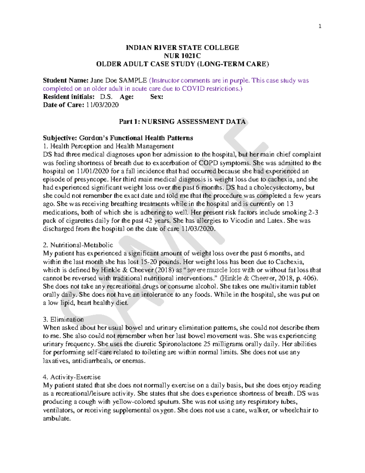 Sample Older Adult Case Study - INDIAN RIVER STATE COLLEGE NUR 1021C ...