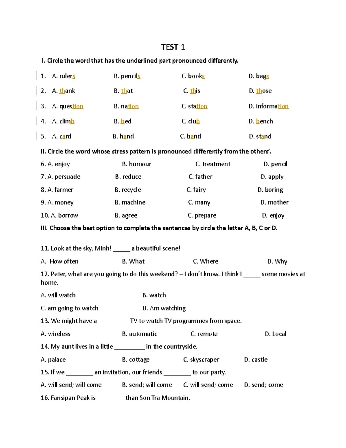 Final Tests Grade 6 English TEST 1 I Circle The Word That Has The