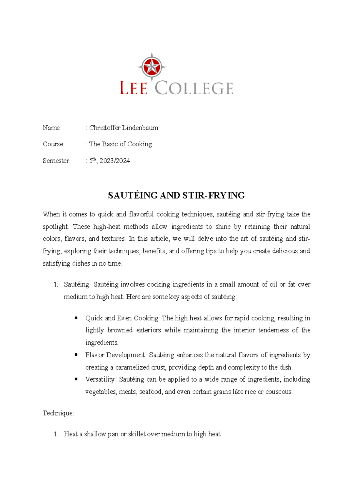 Sautéing and stir-frying - Name : Christoffer Lindenbaum Course : The ...