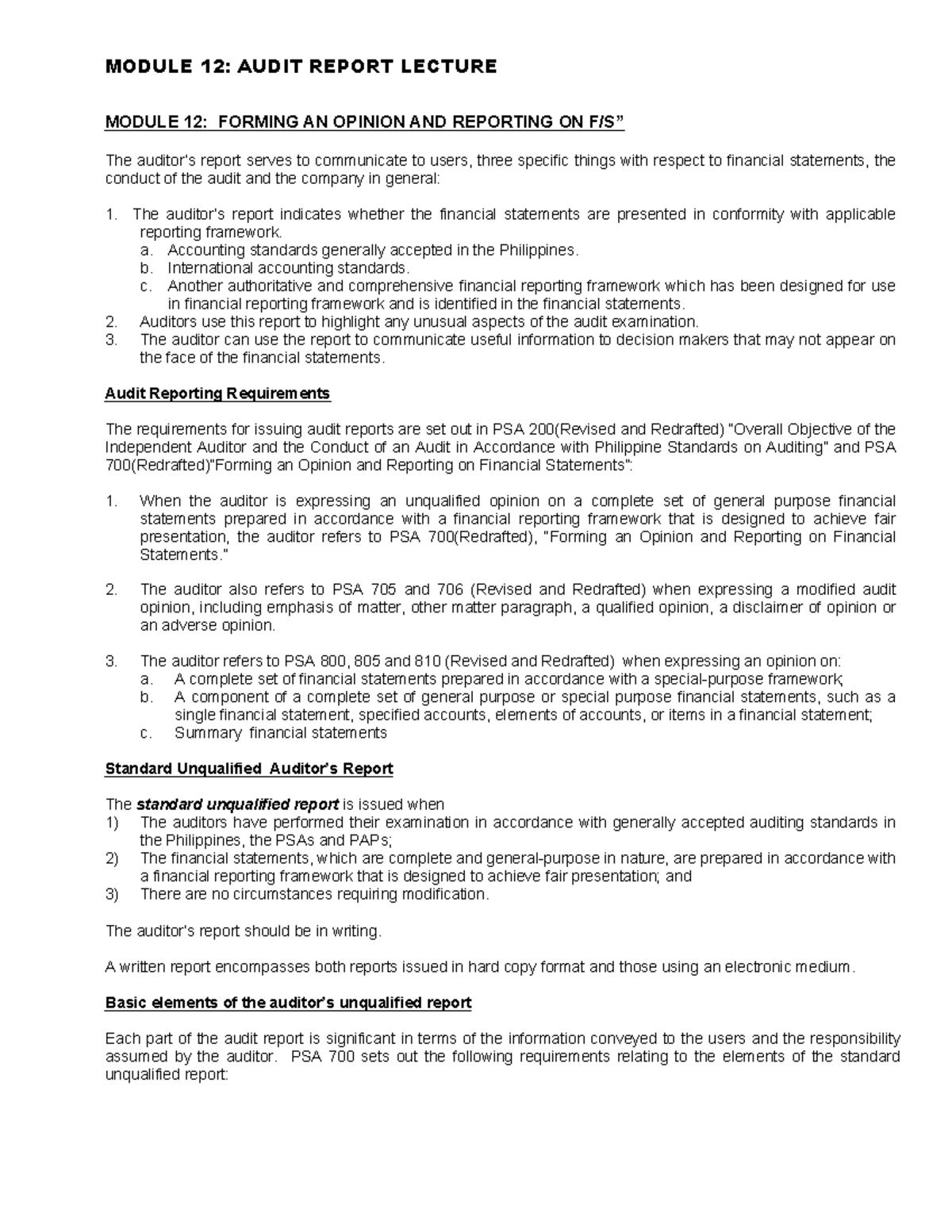 Module 12 Audit Report - Forming An Opinion & Reporting On Financial Statements - MODULE 12 ...