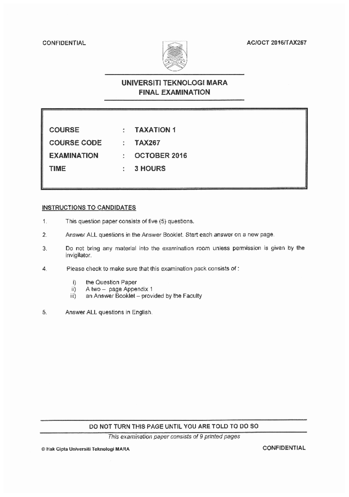 TAX267 - past year questions - Taxations - Studocu