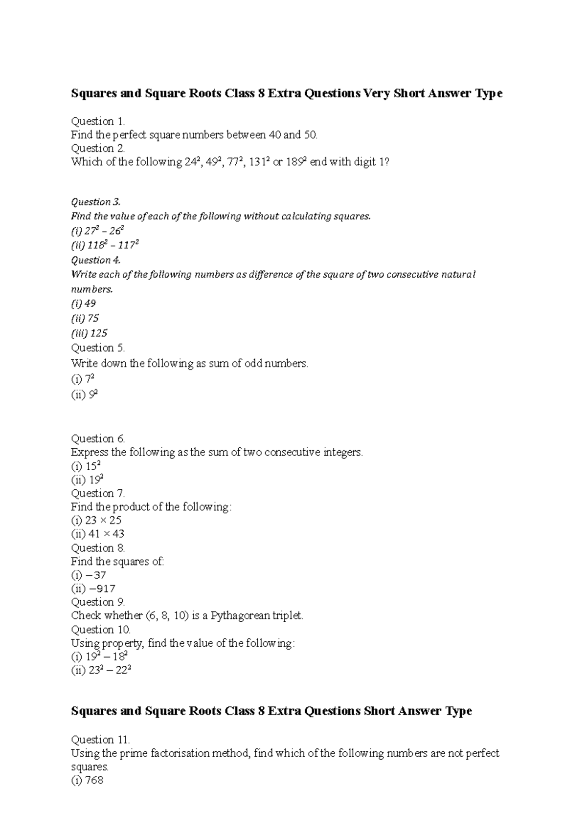 Squares and Square Roots Ques Only - Squares and Square Roots Class 8 ...
