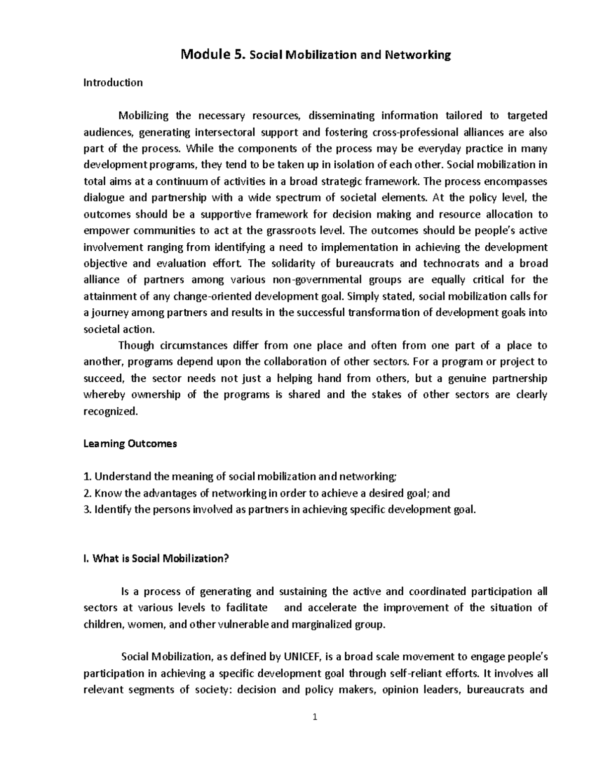 Cwts subject module 5 - Module 5. Social Mobilization and Networking ...