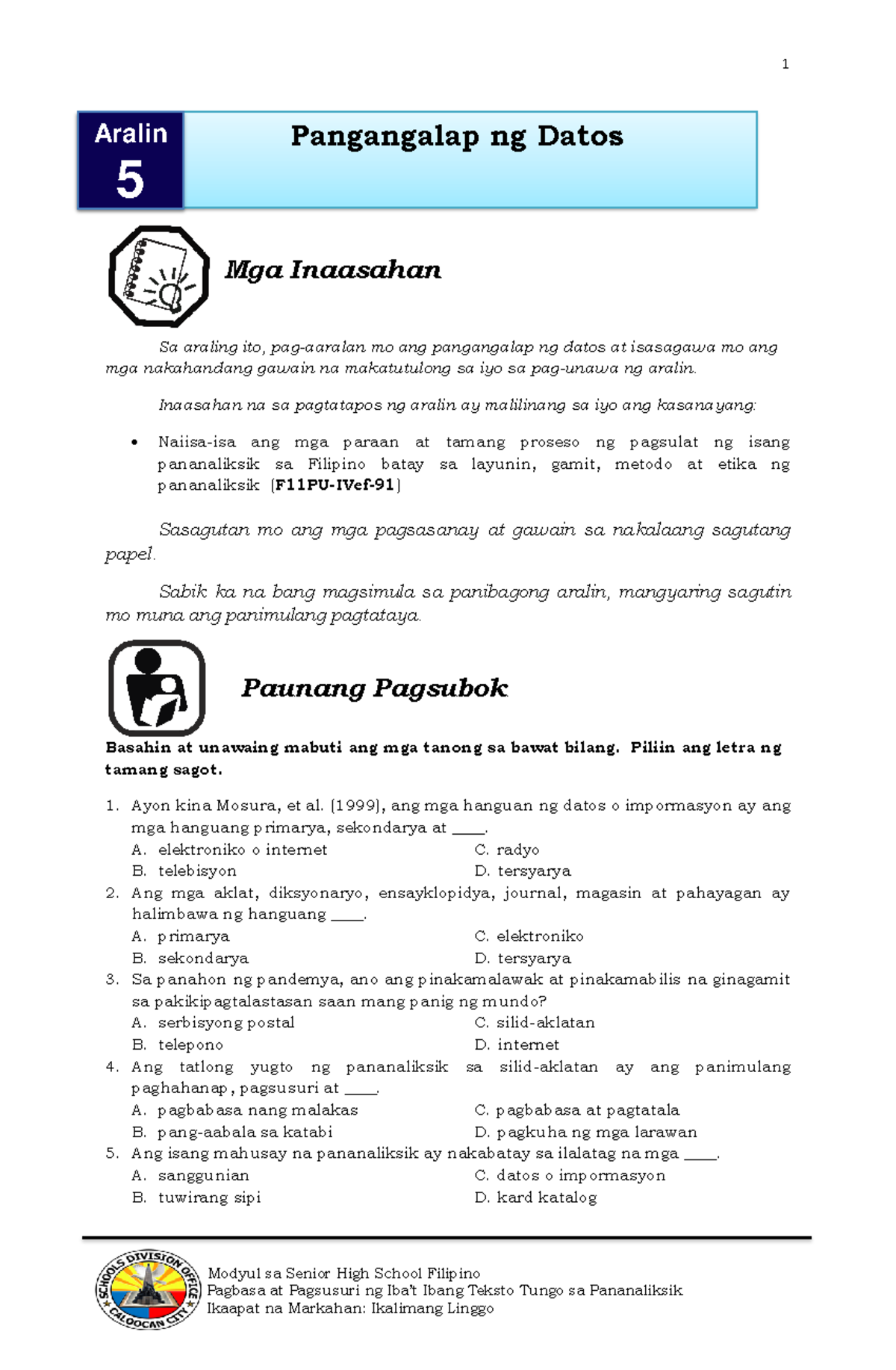 Filipino SHS Pananaliksik Q4 Week 5 - Modyul sa Senior High School ...