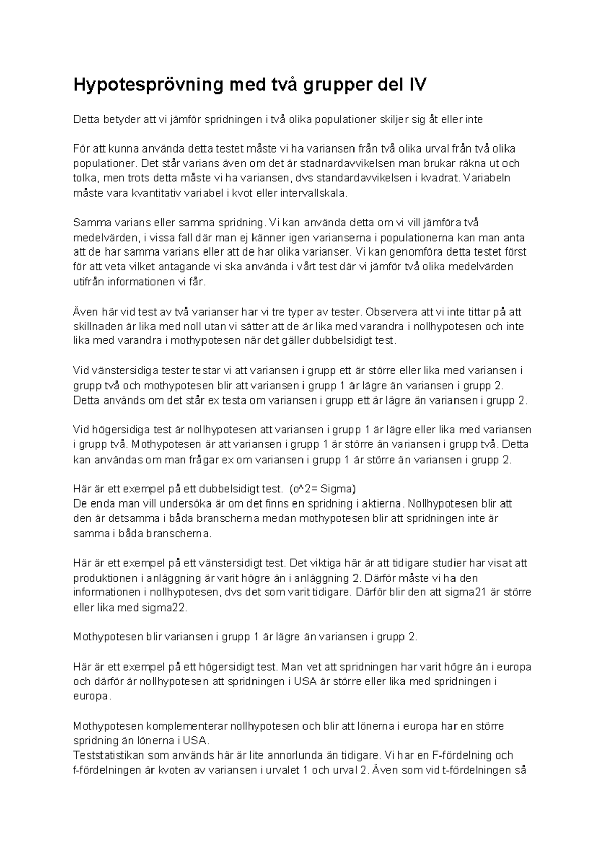Hypotes del 4 - föreläsningsanteckningar 5 - Hypotesprövning med två ...