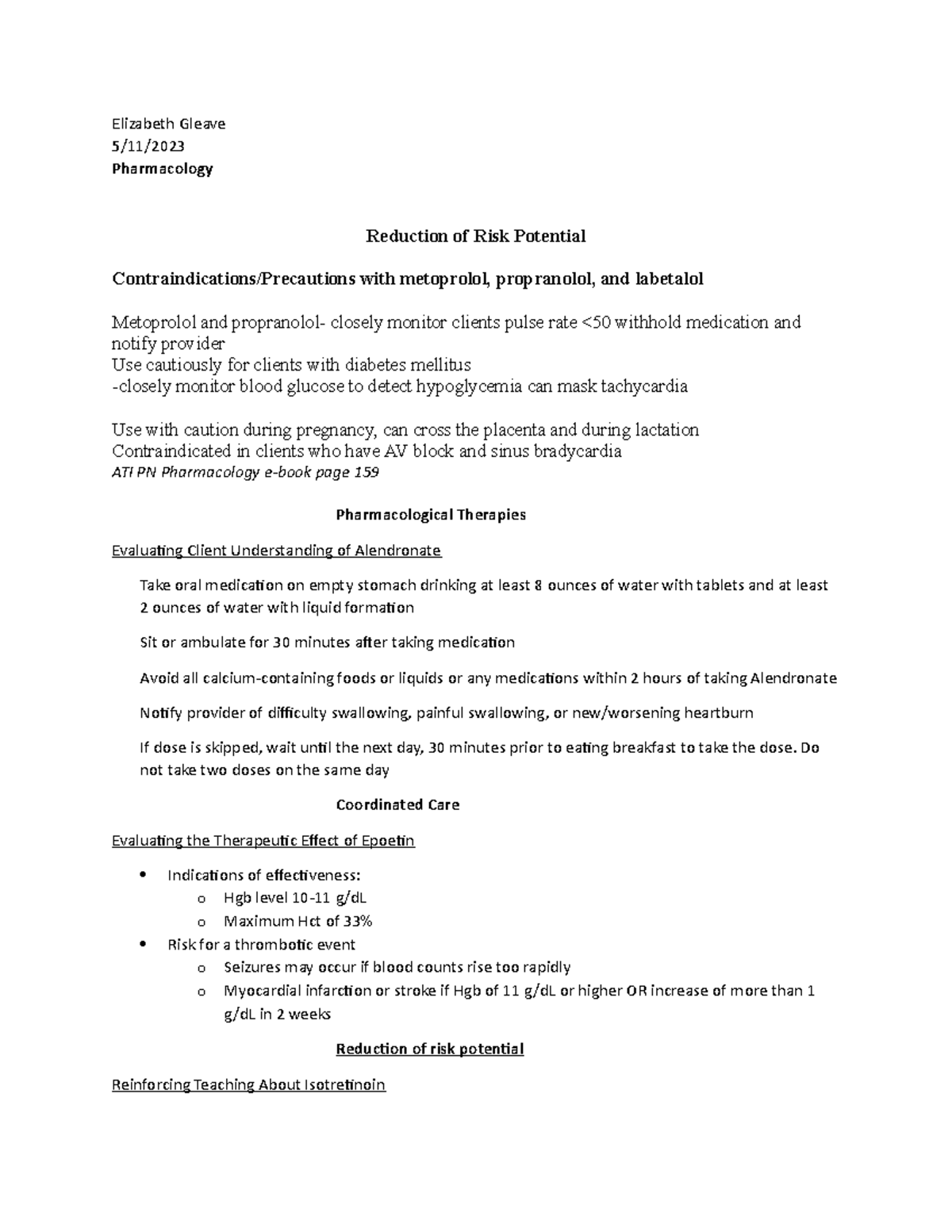 Ati pharm review - homework - Elizabeth Gleave 5/11/ Pharmacology ...