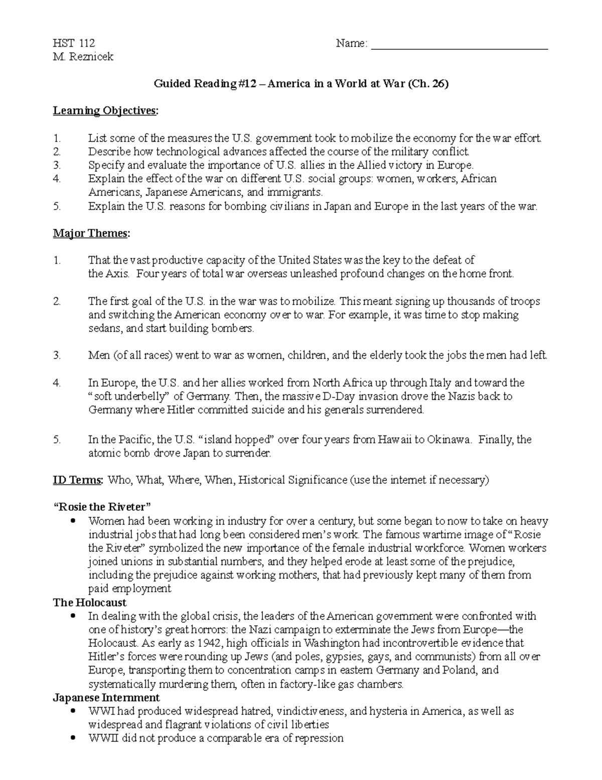 HST 112 - GR #12 - America in a World at War (Ch 26) - HST 112 M ...