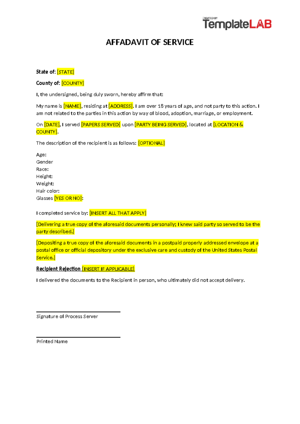 Affidavit-of-Service - AFFADAVIT OF SERVICE State of: [STATE] County of ...
