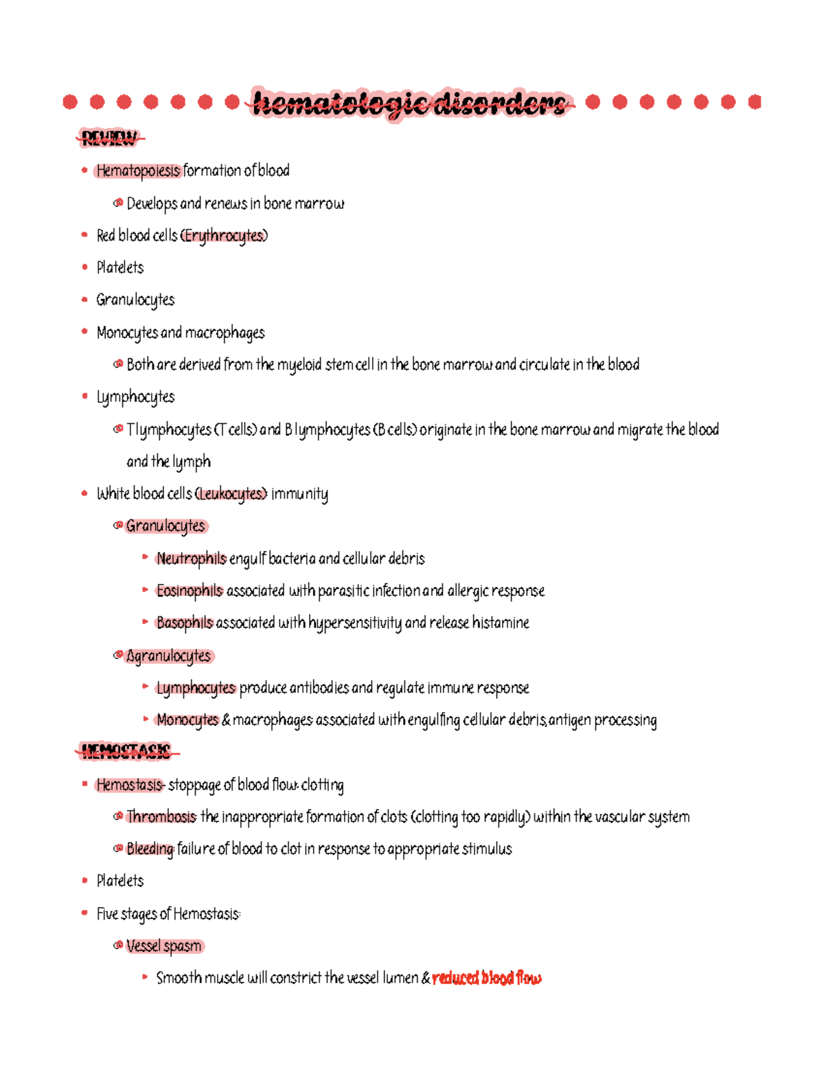 Hematologic Disorders - hematologic disorders REVIEW Hematopoiesis ...