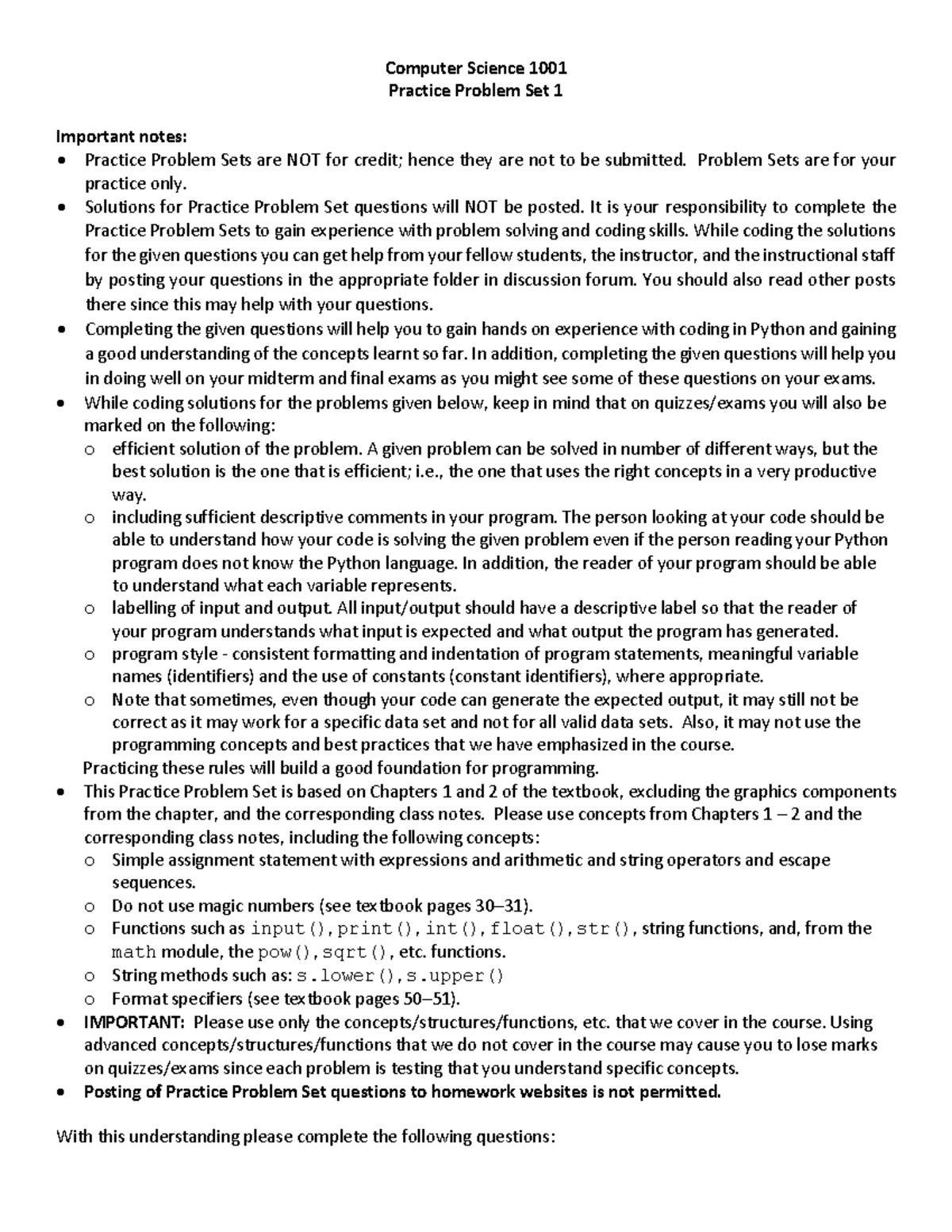 Practice Problem Set 1 - comp 1001 assignment - Computer Science 1001 ...
