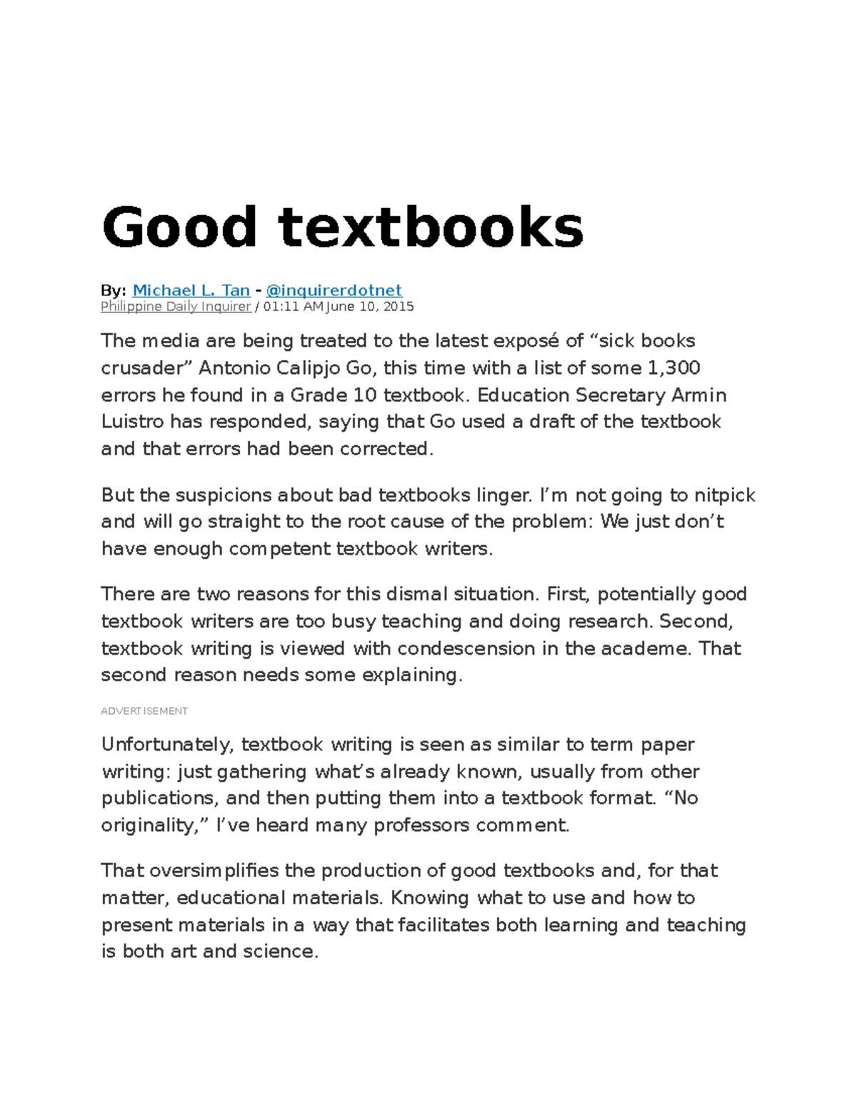Good textbooks - Good textbooks By: Michael L. Tan - @inquirerdotnet ...