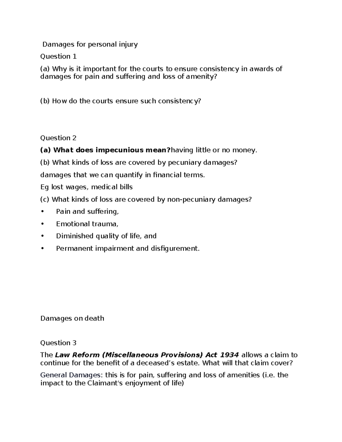 Damages for personal injury - Damages for personal injury Question 1 (a ...