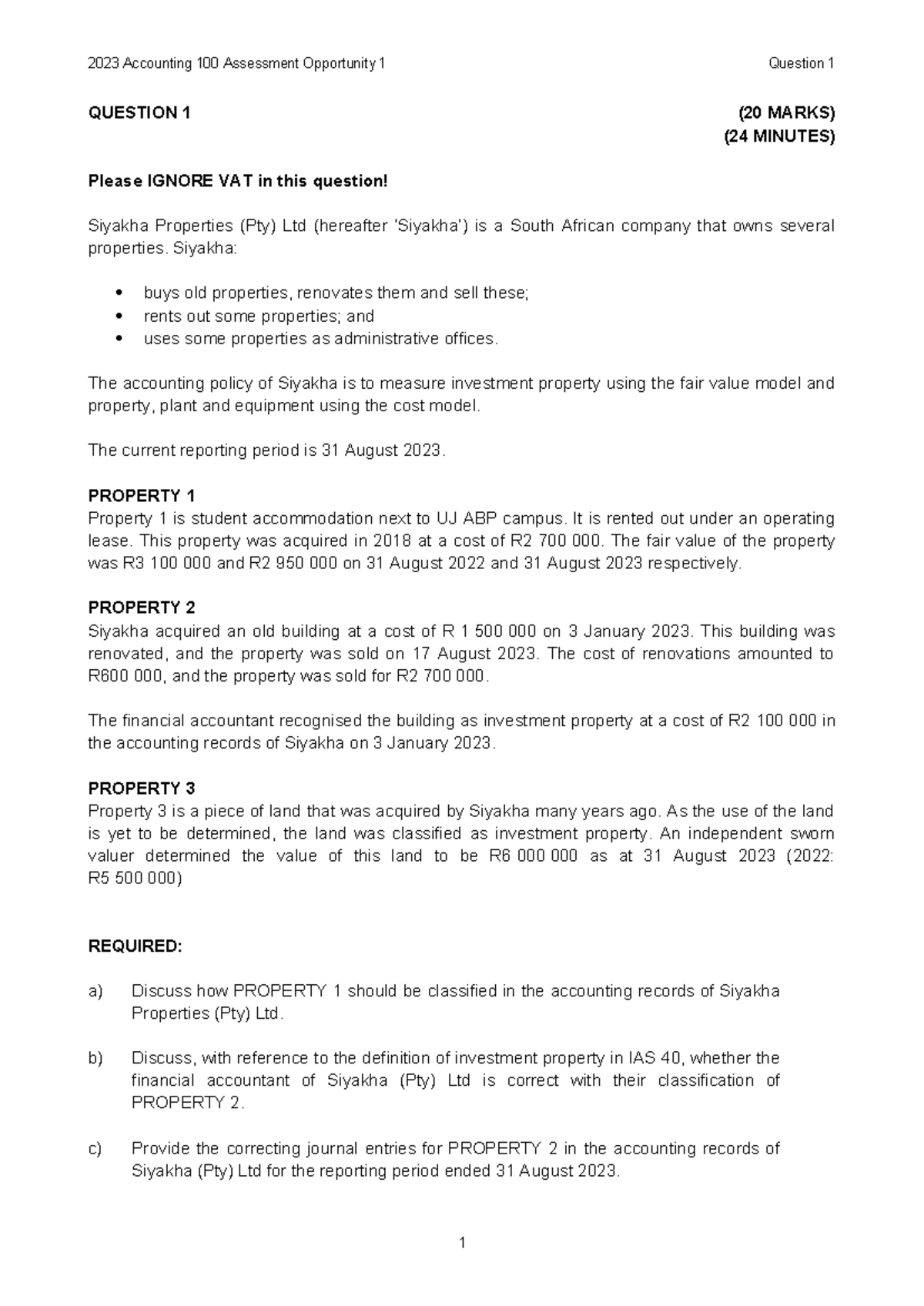 ACC100 AO5 Q1 2023 - Practice materials for Acc - QUESTION 1 (20 MARKS ...