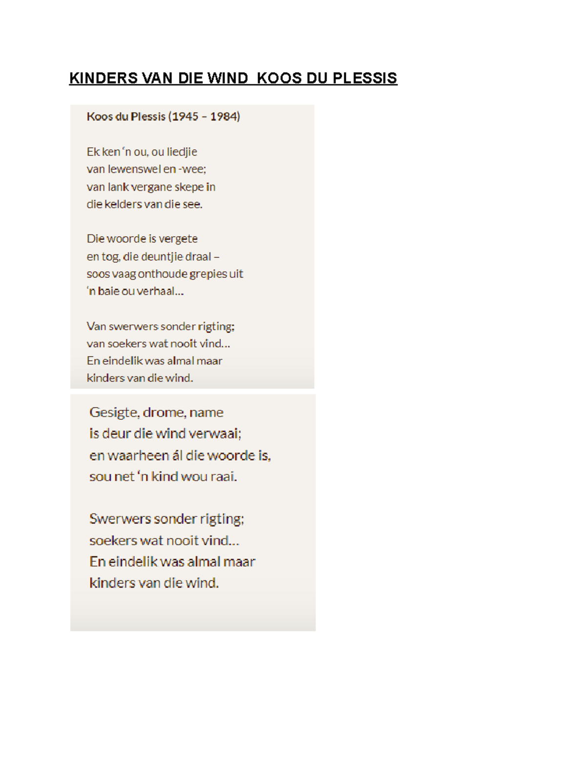 Kinders VAN DIE WIND - CLASS NOTES FOR GRADE 10 LEARNERS - KINDERS VAN ...