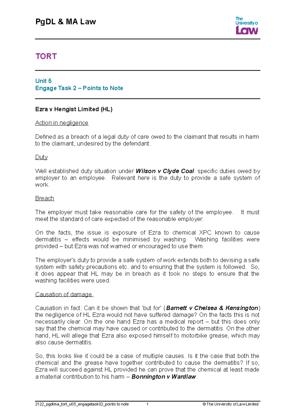 Employers liability example - PgDL & MA Law TORT Unit 5 Engage Task 2 ...