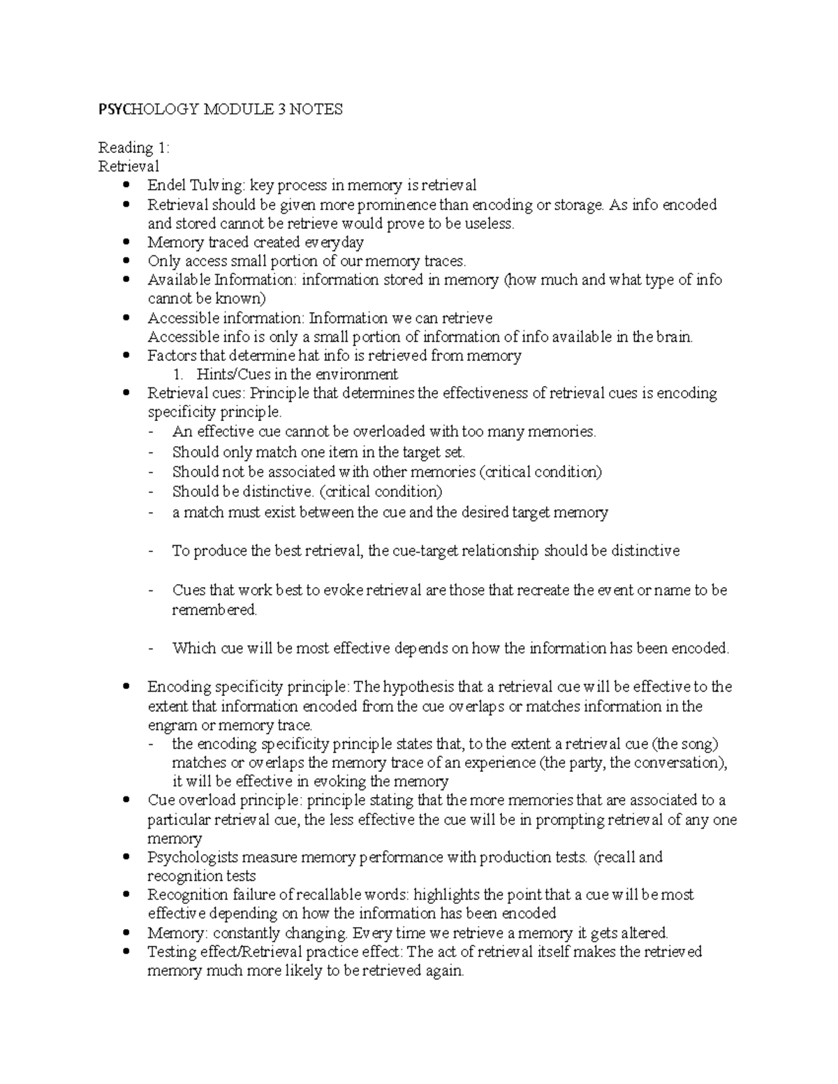 Module 3- Retrieval,Encoding, storage and cognition - PSYCHOLOGY MODULE ...