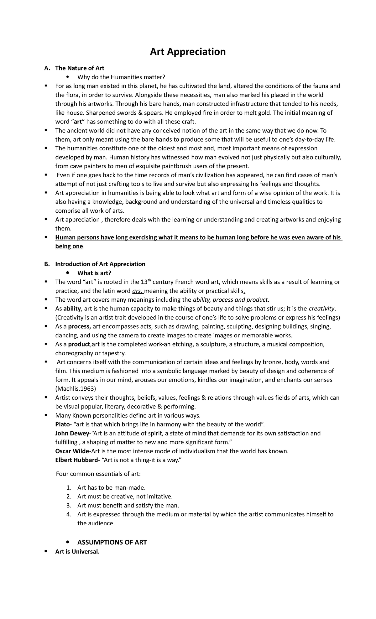 Art Appreciation - Term paper - Art Appreciation A. The Nature of Art ...