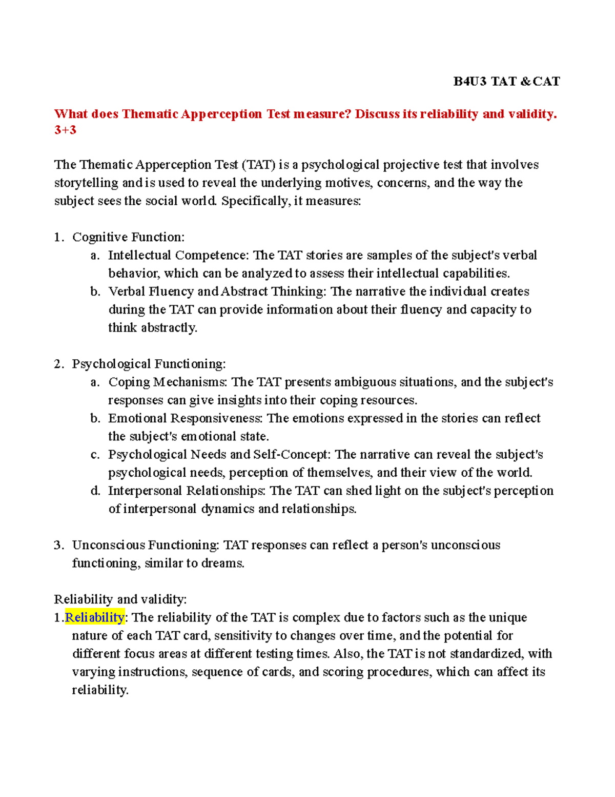 MPCE 12 - B4U3 -TAT & CAT - nil - B4U3 TAT &CAT What does Thematic ...