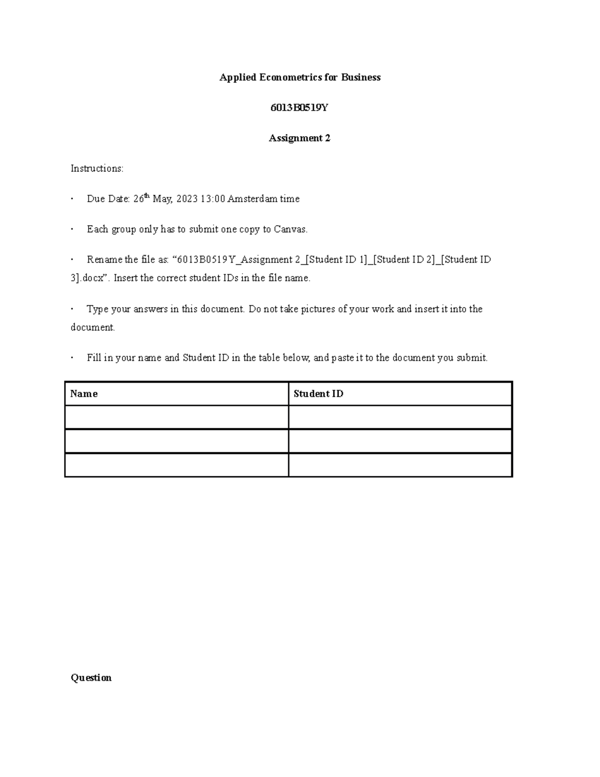 Econometrics Assignment 2 Applied Econometrics For Business 6013b0519y Assignment 2 1292