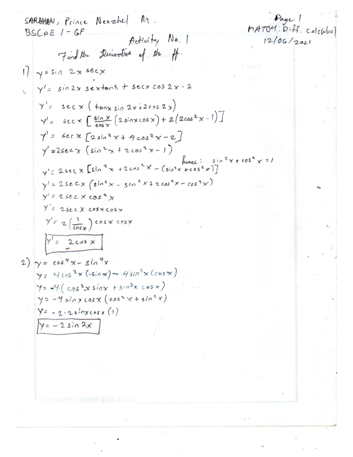 MAT04 Calculus 1_Act 1 Derivative of Trigonometric Functions - BS Computer Engineering - Studocu