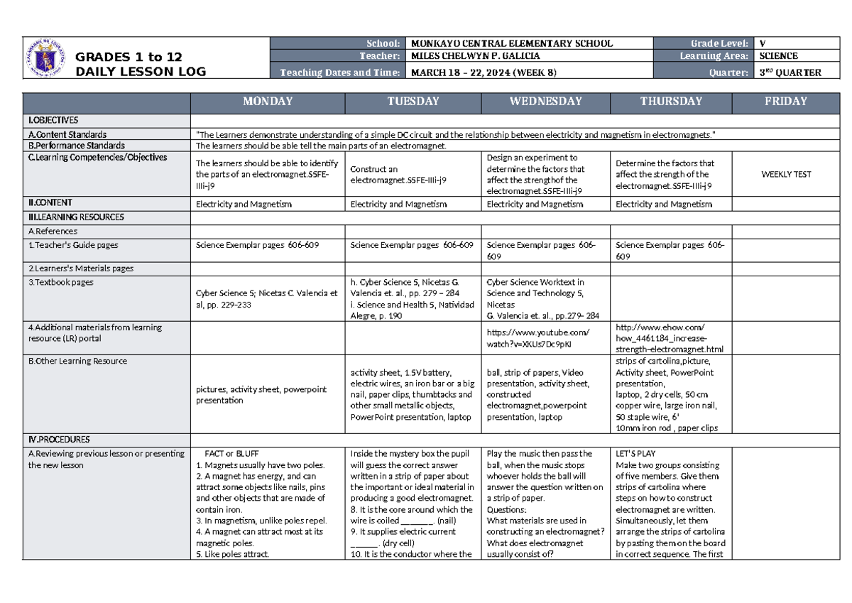 DLL Science 5 Q3 W8 - GRADES 1 to 12 DAILY LESSON LOG School: MONKAYO ...