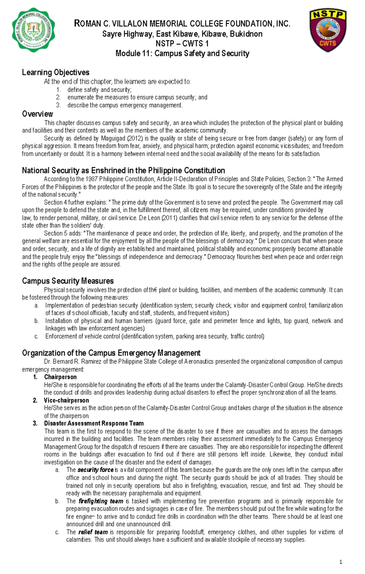 NSTP/CWTS/ROTC/ - 1 ROMAN C. VILLALON MEMORIAL COLLEGE FOUNDATION, INC ...