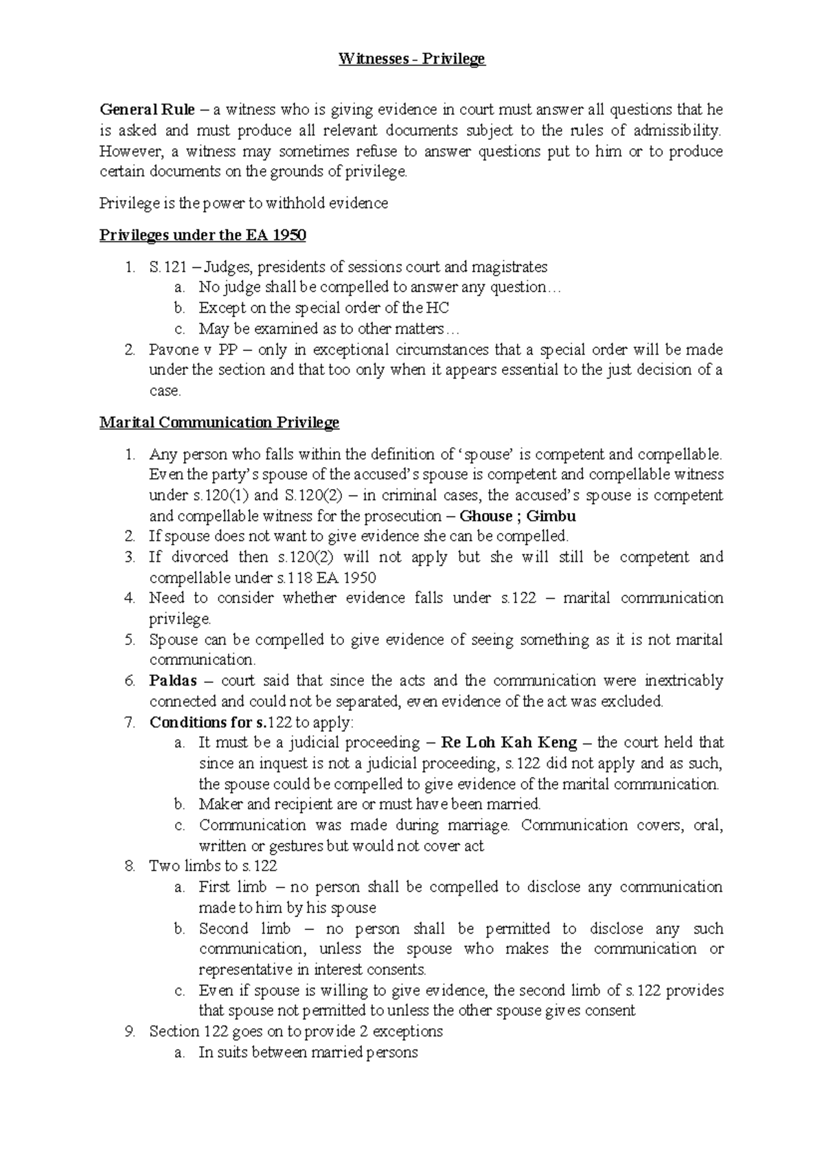 CLP Law of Evidence notes Privilege - General Rule – a witness who is ...