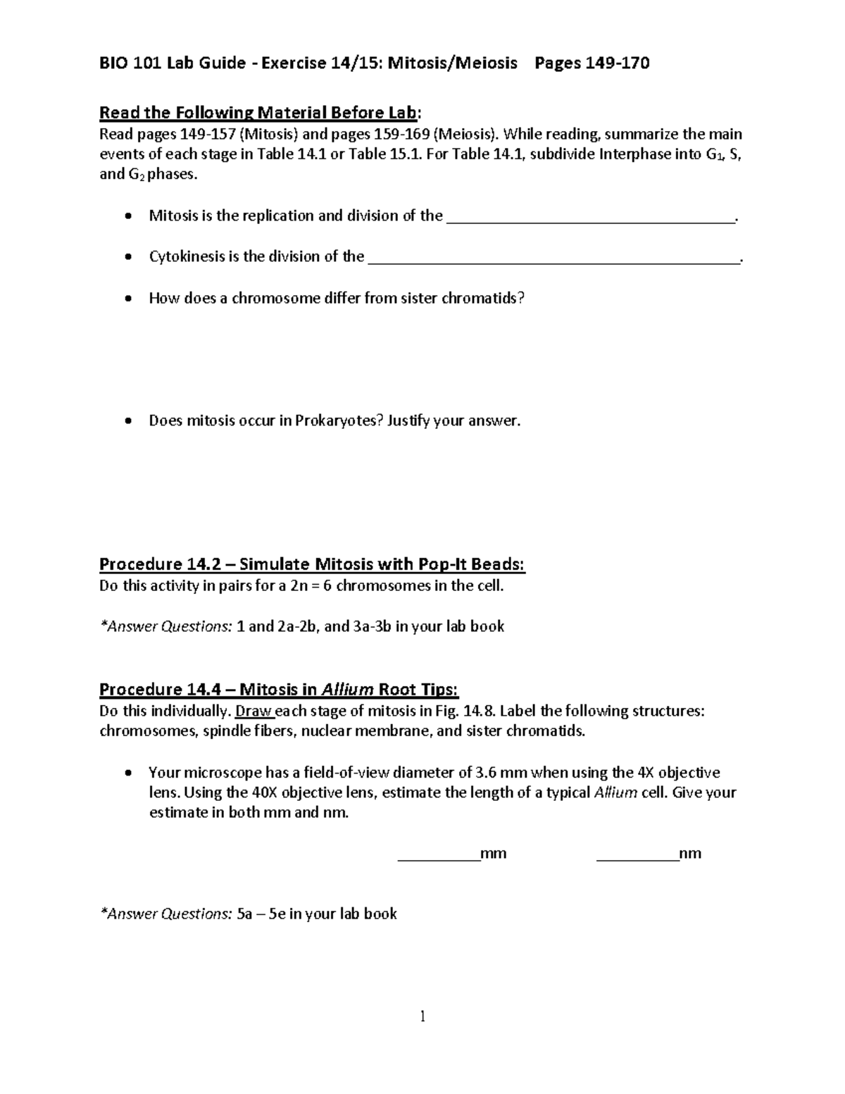 Mitosis and Meiosis Lab - BIO 101 Lab Guide - Exercise 14/15: Mitosis ...