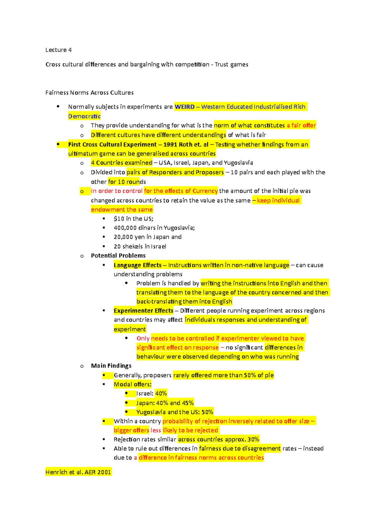 Lecture Notes 4-4 - Lecture 4 Cross cultural differences and bargaining ...