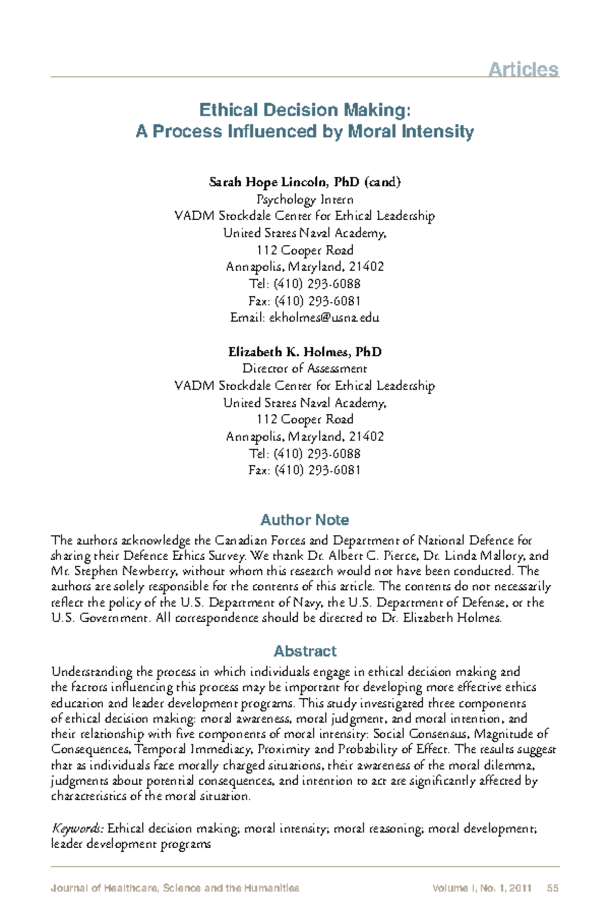 Four model of Morality - Articles Ethical Decision Making: A Process ...