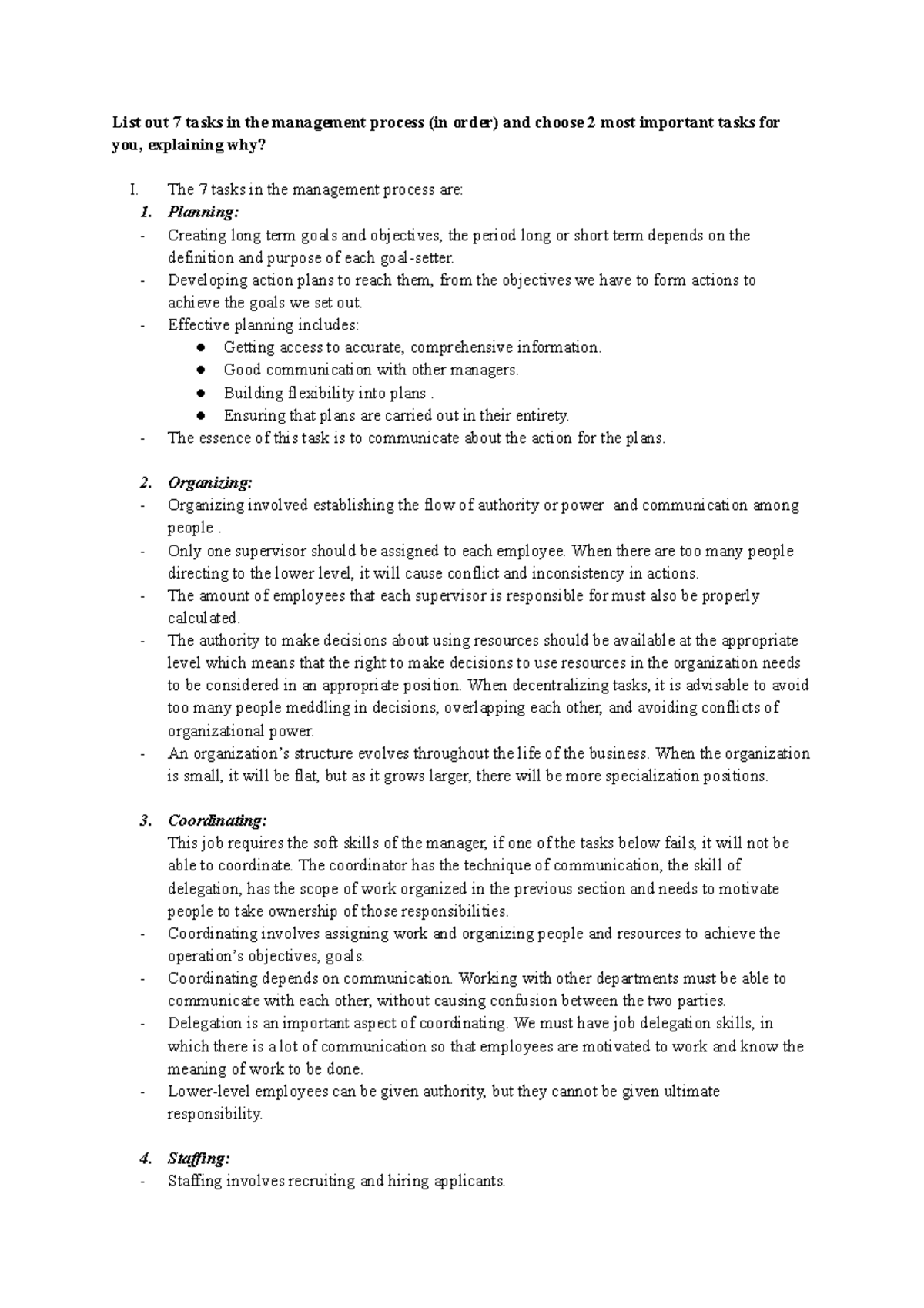 Individual ass - List out 7 tasks in the management process (in order ...