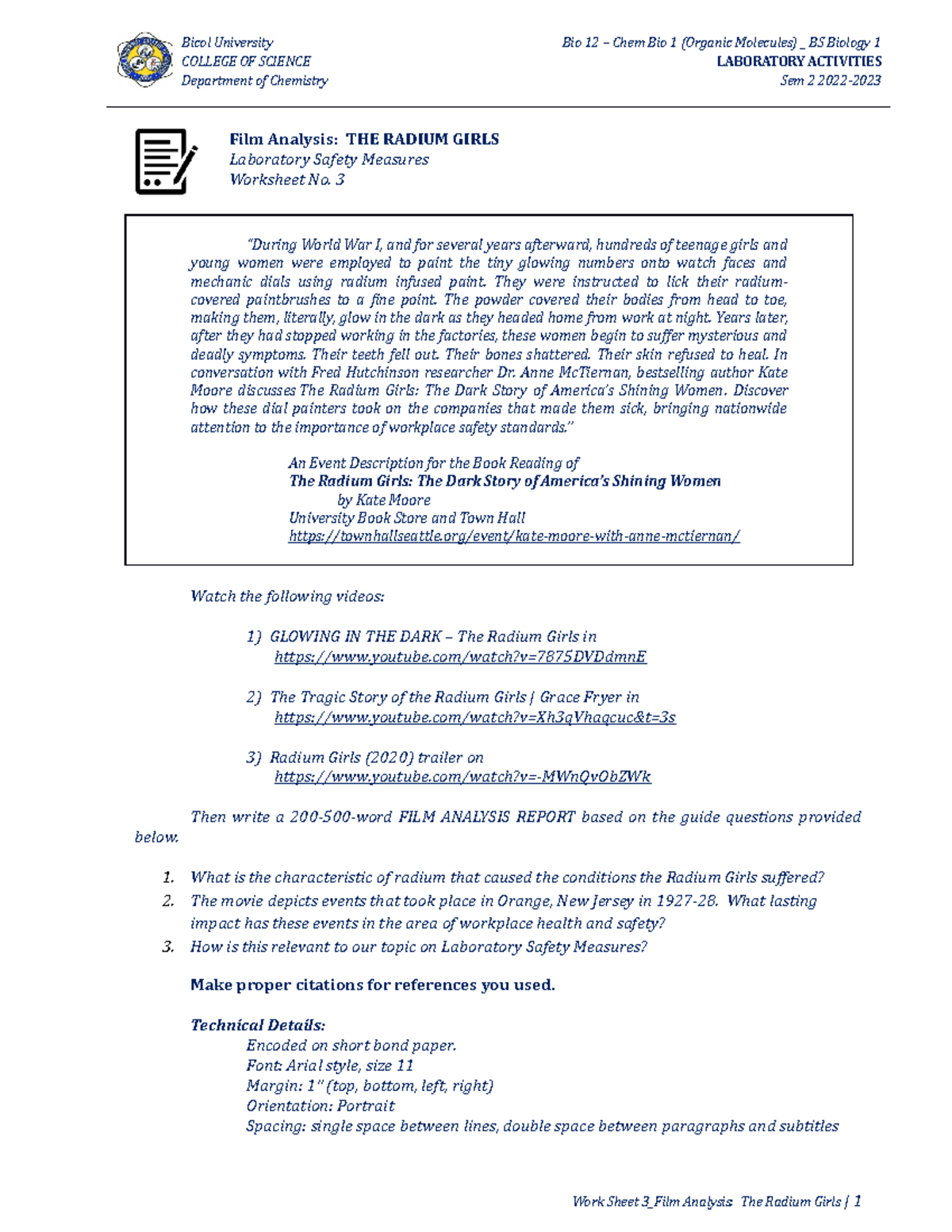 WS 3. FILM Analysis Report THE Radium Girls - Bicol University COLLEGE ...