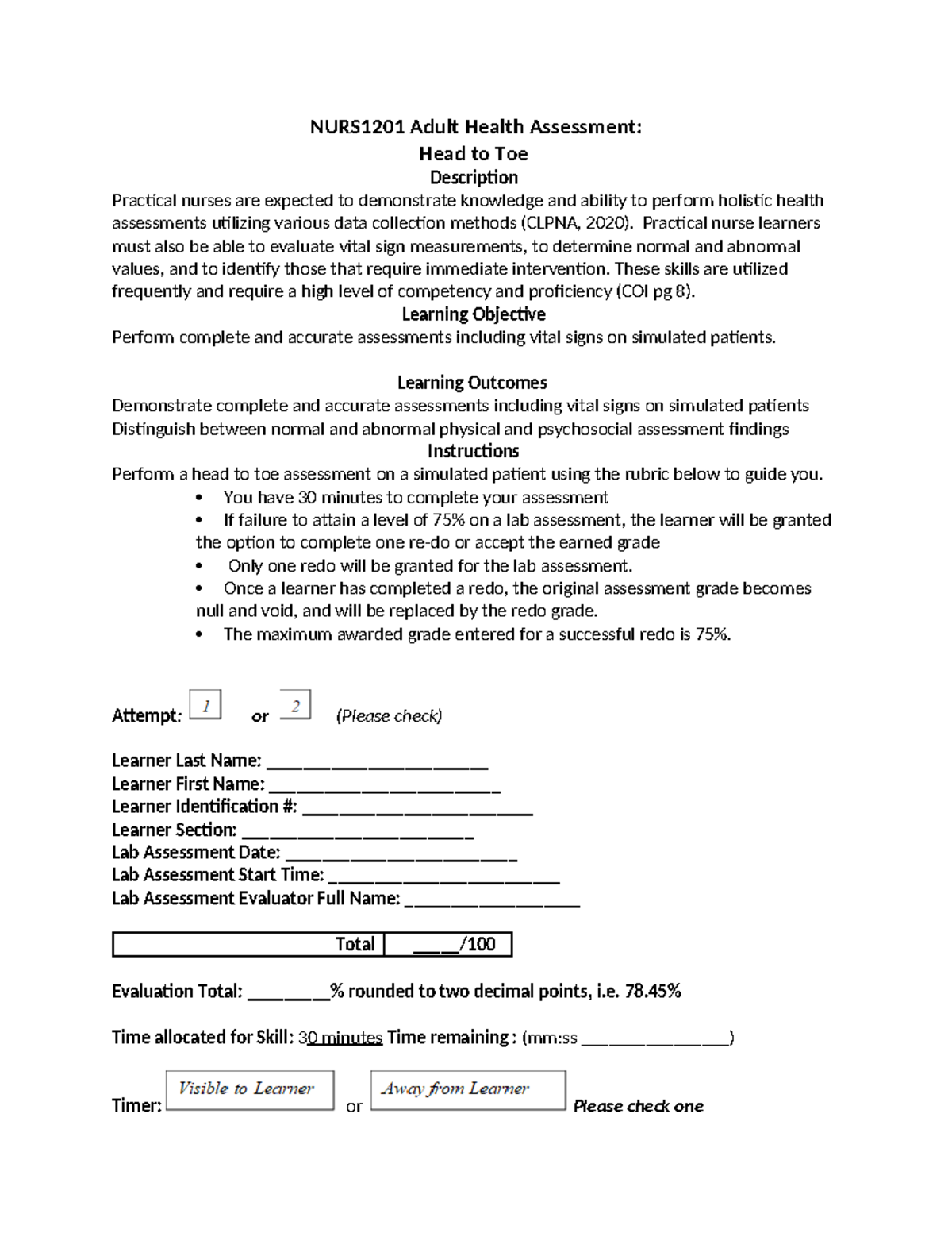 NURS 1201 Fall 23 Head To Toe Rubric - NURS1201 Adult Health Assessment ...