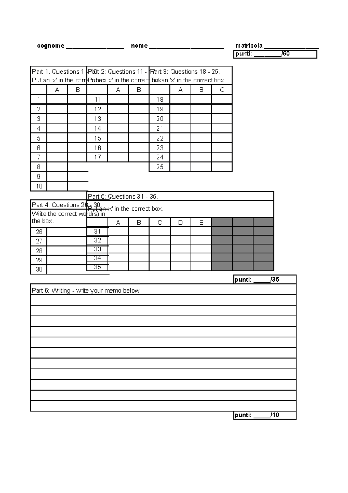 Foglio risposte esame inglese - cognome _________________ nome ...