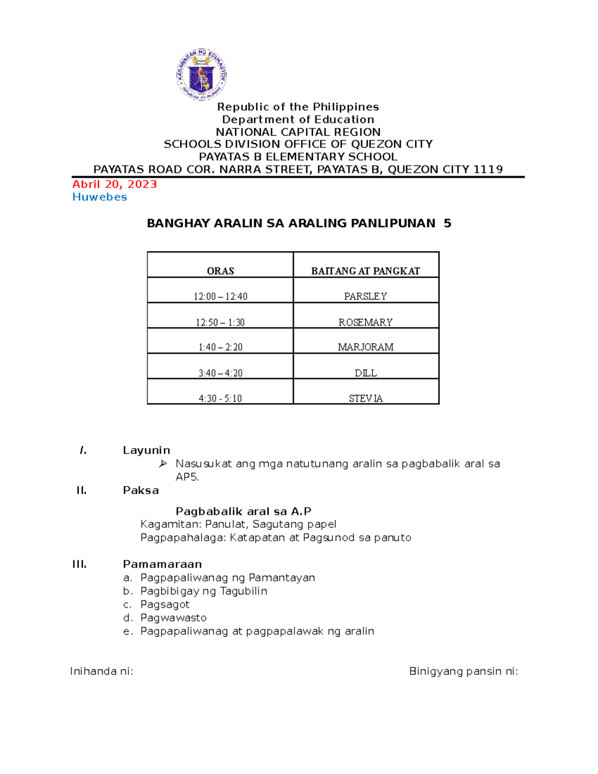 Balik-Aral LP - Republic of the Philippines Department of Education ...