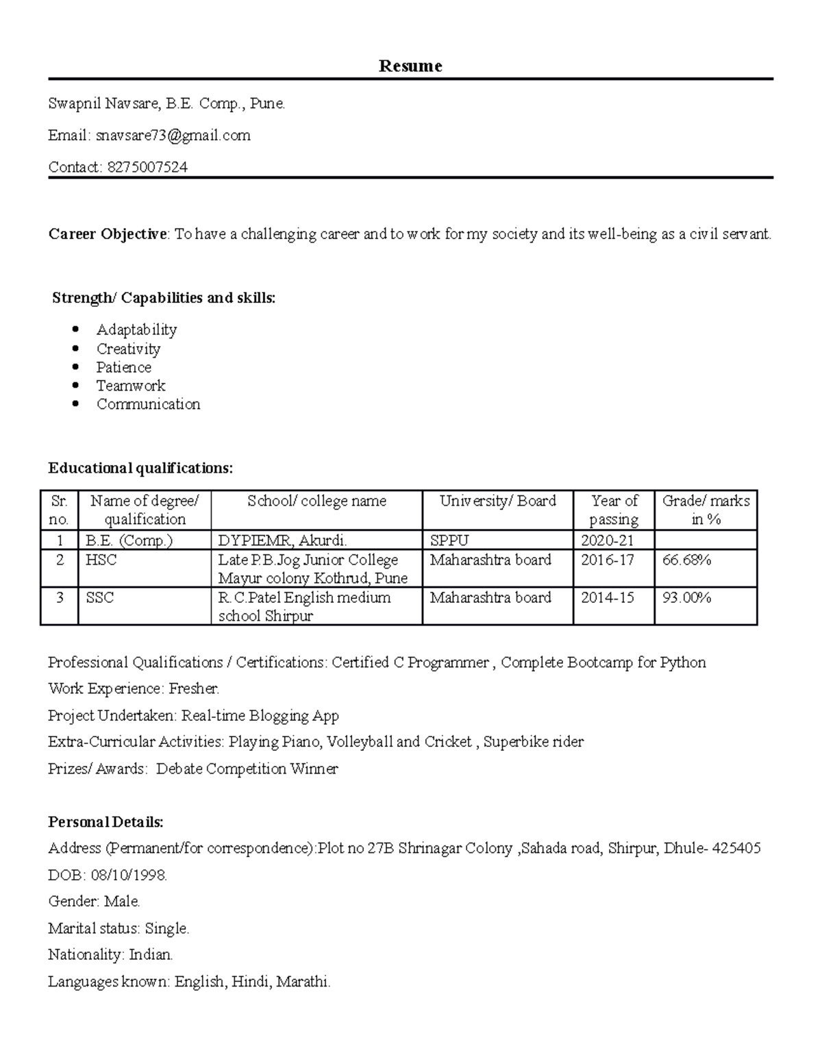 Final notes of kjkdjsaojf - Resume Swapnil Navsare, B. Comp., Pune ...