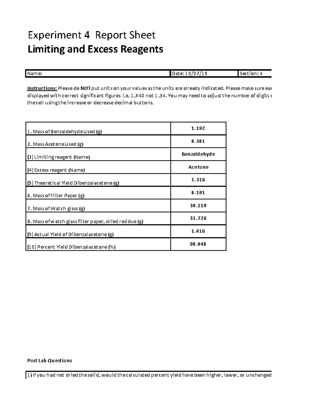 4 - lab 4 - Experiment 4 Report Sheet Limiting and Excess Reagents Name ...