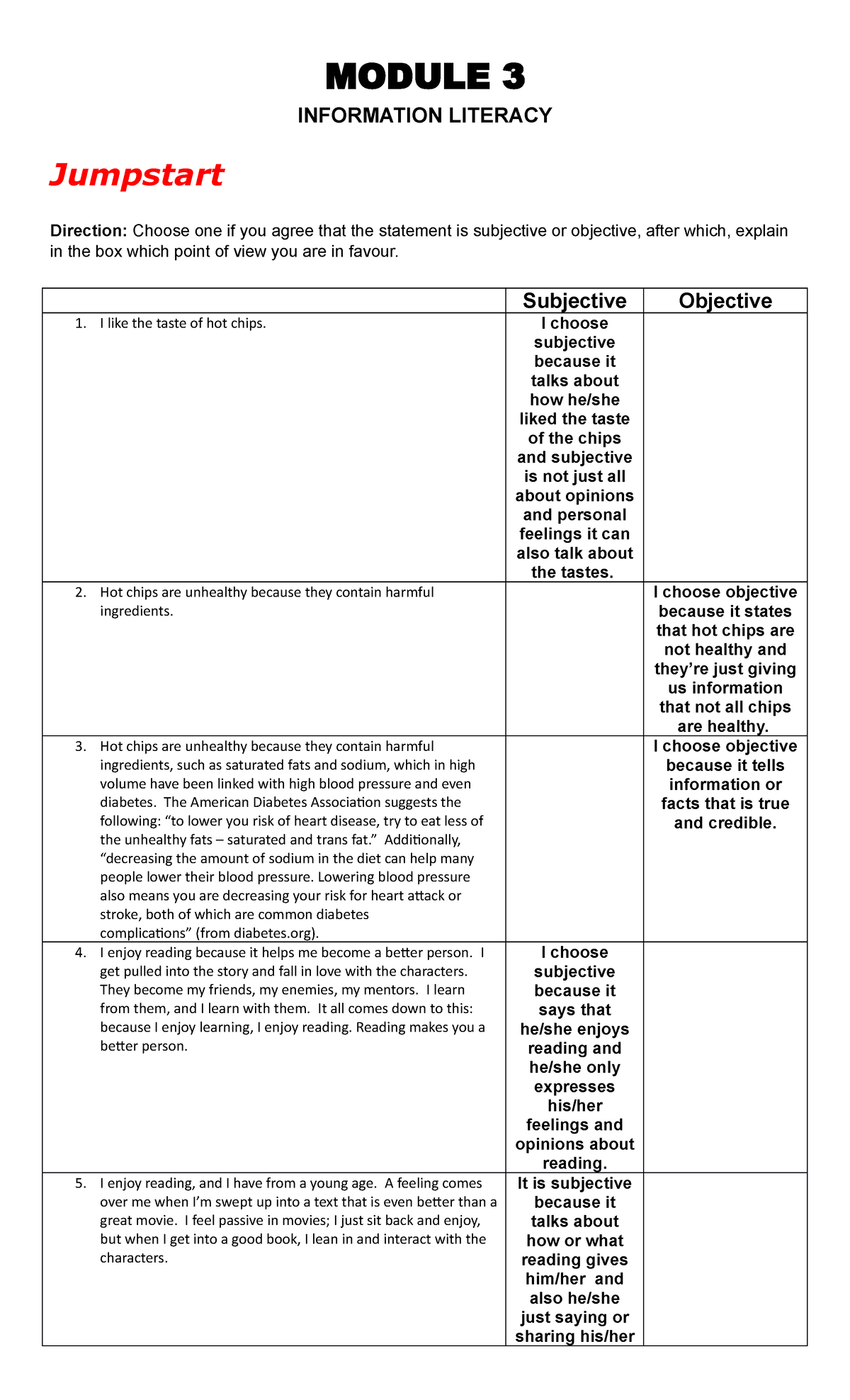 Module-3 MIL Activity (Ans) - MODULE 3 INFORMATION LITERACY Jumpstart ...