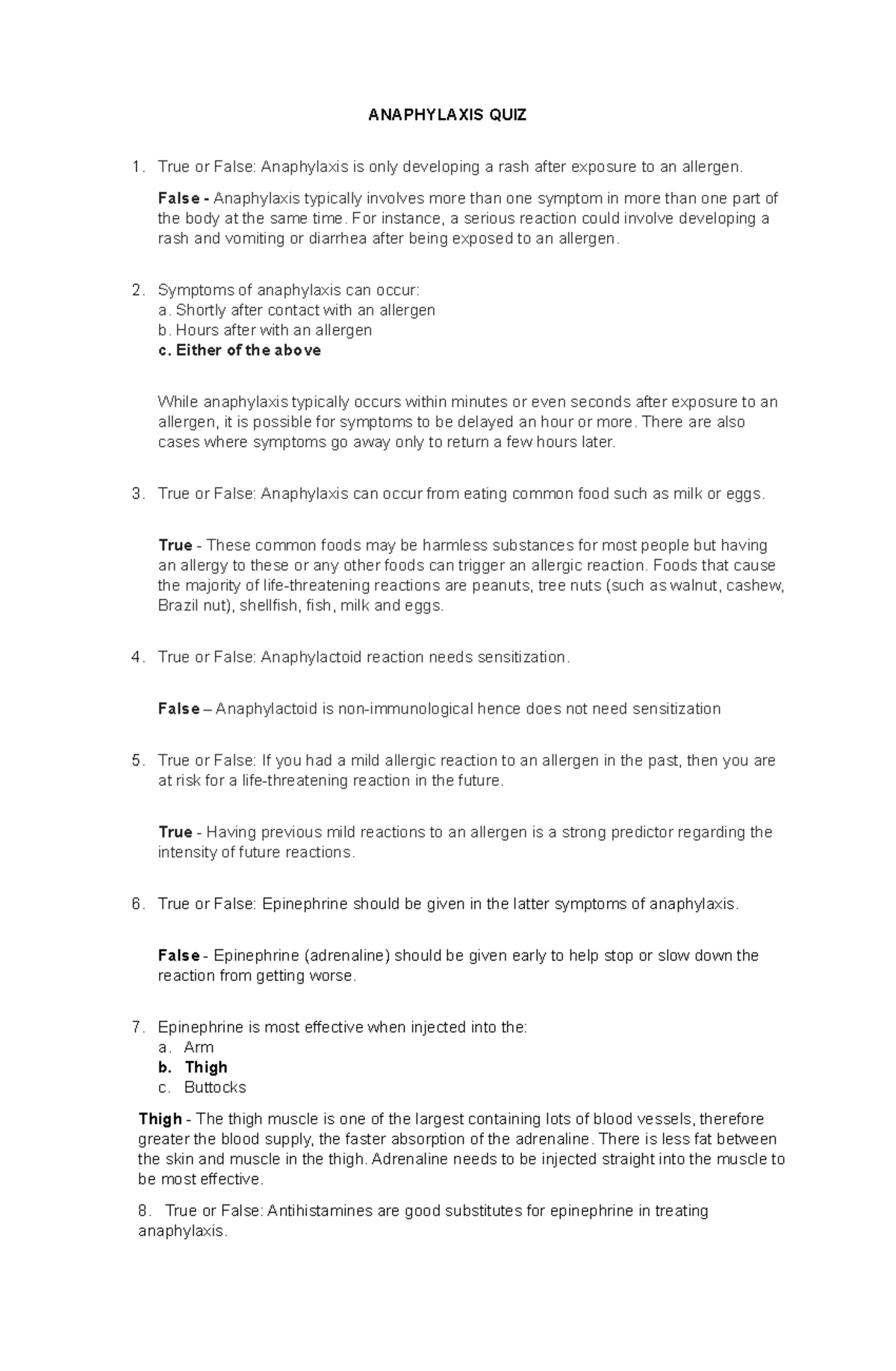 Anaphylaxis Questions - ANAPHYLAXIS QUIZ True or False: Anaphylaxis is ...