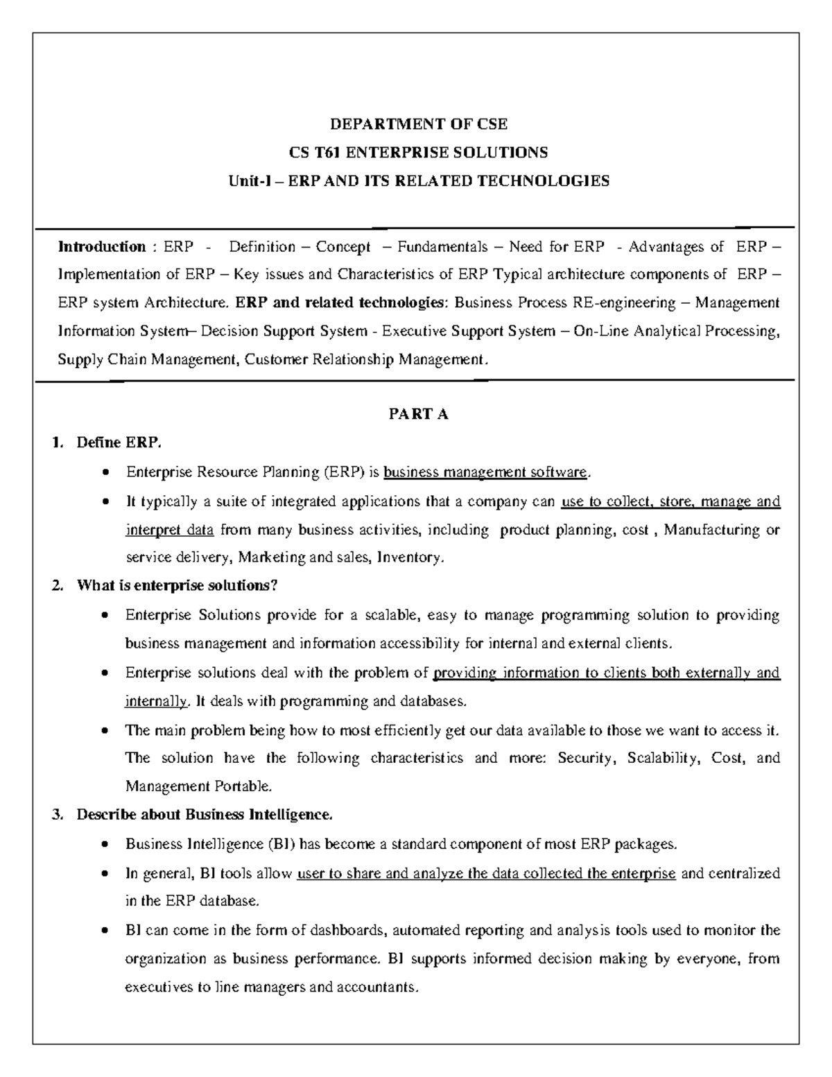 ERP(U1) - ERP AND ITS RELATED TECHNOLOGIES - DEPARTMENT OF CSE CS T61 ...