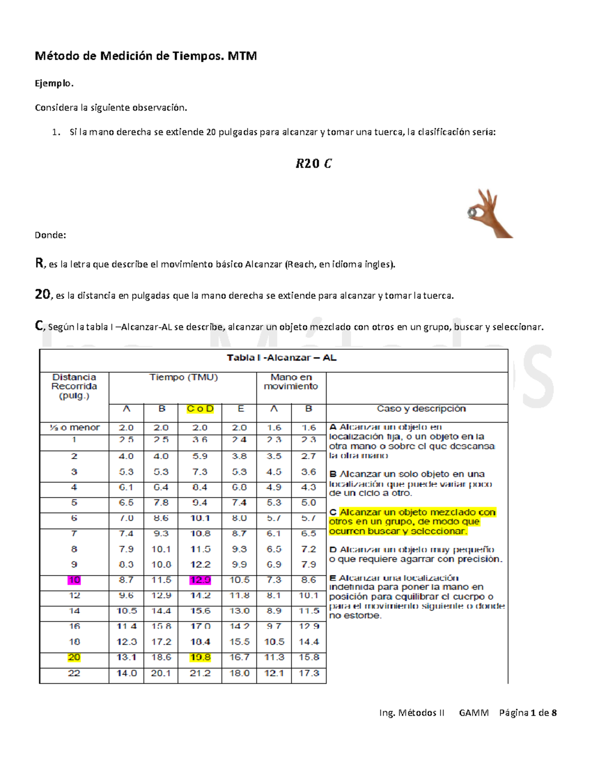 Ejercicios resueltos de taller - Método de Medición de Tiempos. MTM Ejemplo. Considera la ...