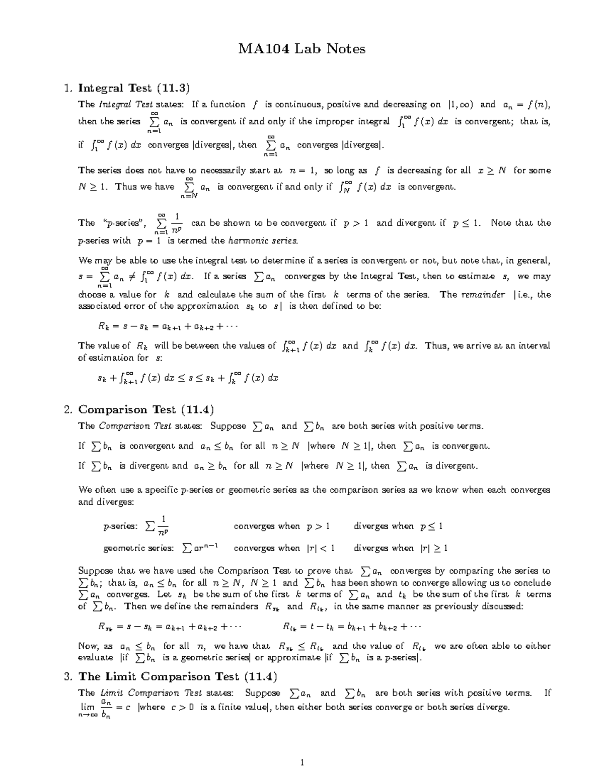 Lab 7 Notes - Dr.Snudden - MA104 Lab Notes 1 Test (11) TheIntegral ...