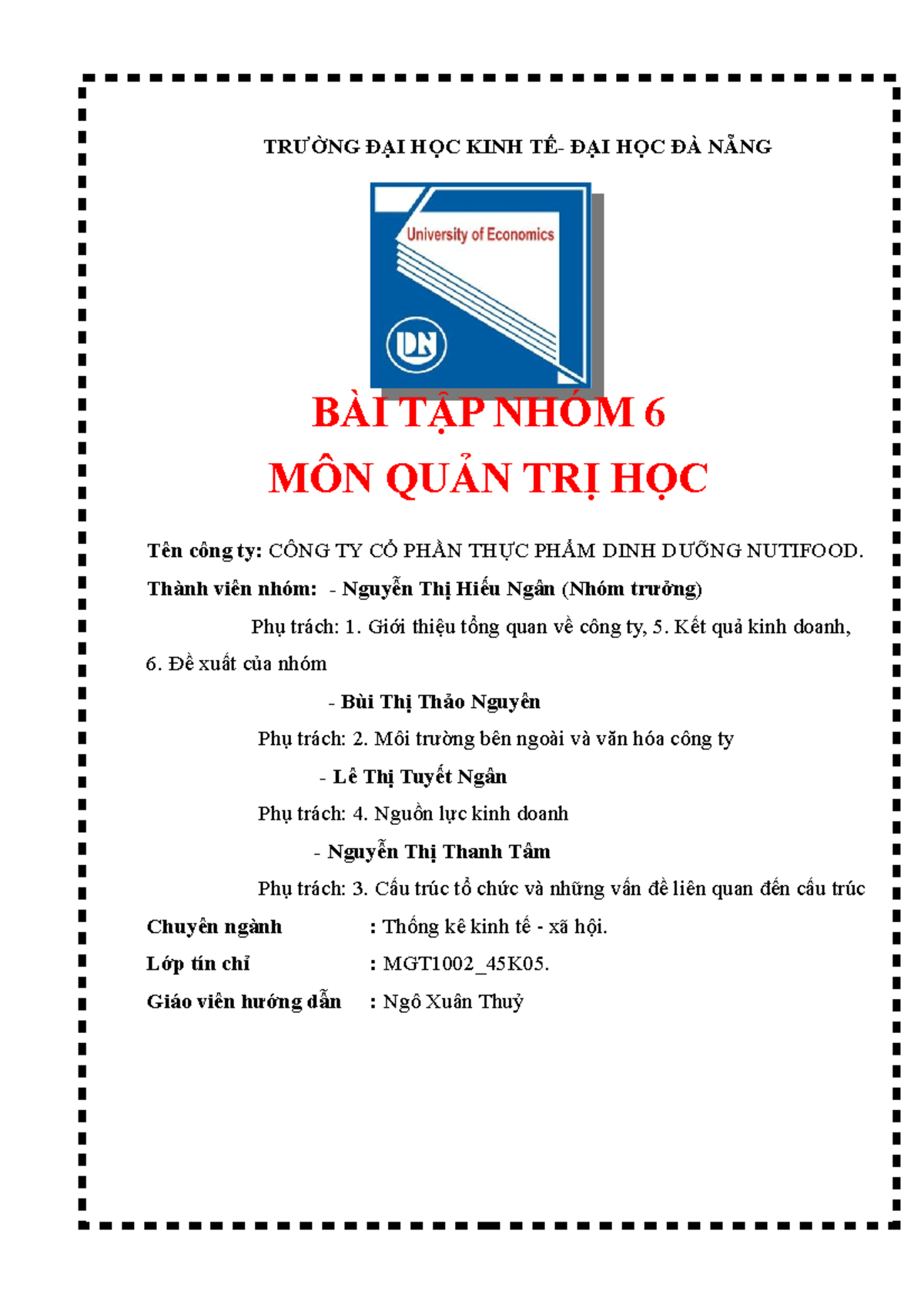 QTH1 - sfsdg - TRƯỜNG ĐẠI HỌC KINH TẾ- ĐẠI HỌC ĐÀ NẴNG Tên công ty ...