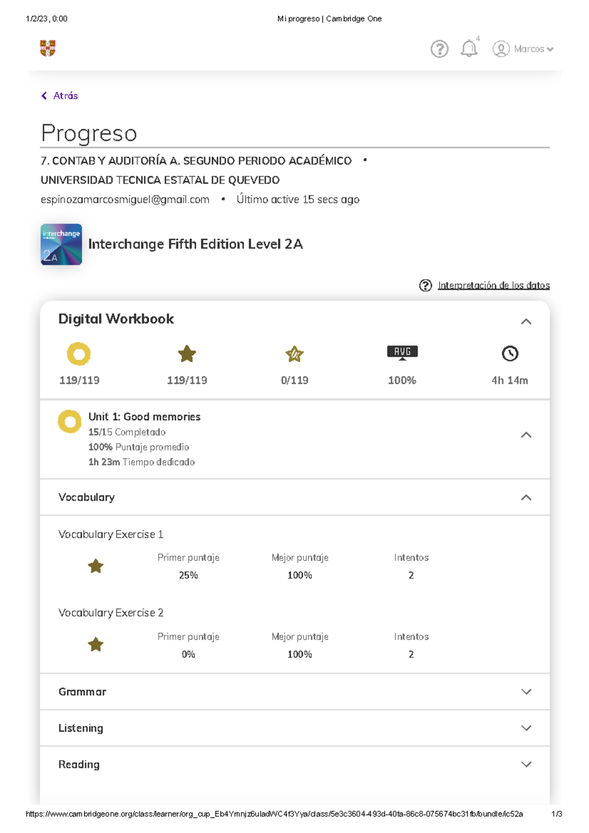 Mi progreso Cambridge Onee - 1/2/23, 0:00 Mi progreso | Cambridge One - Studocu