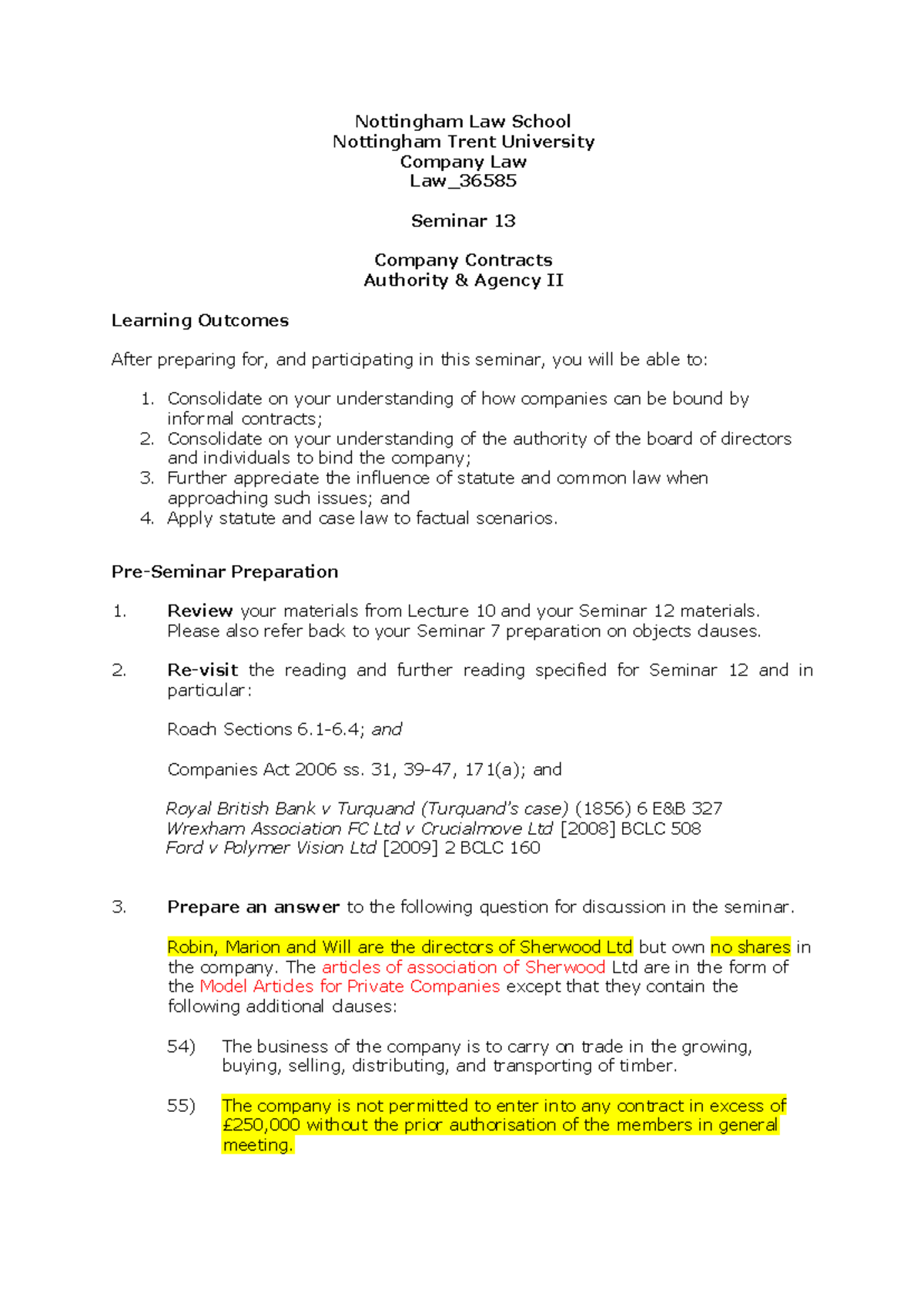 Seminar 13 Worksheet - Company Contracts II - Nottingham Law School ...
