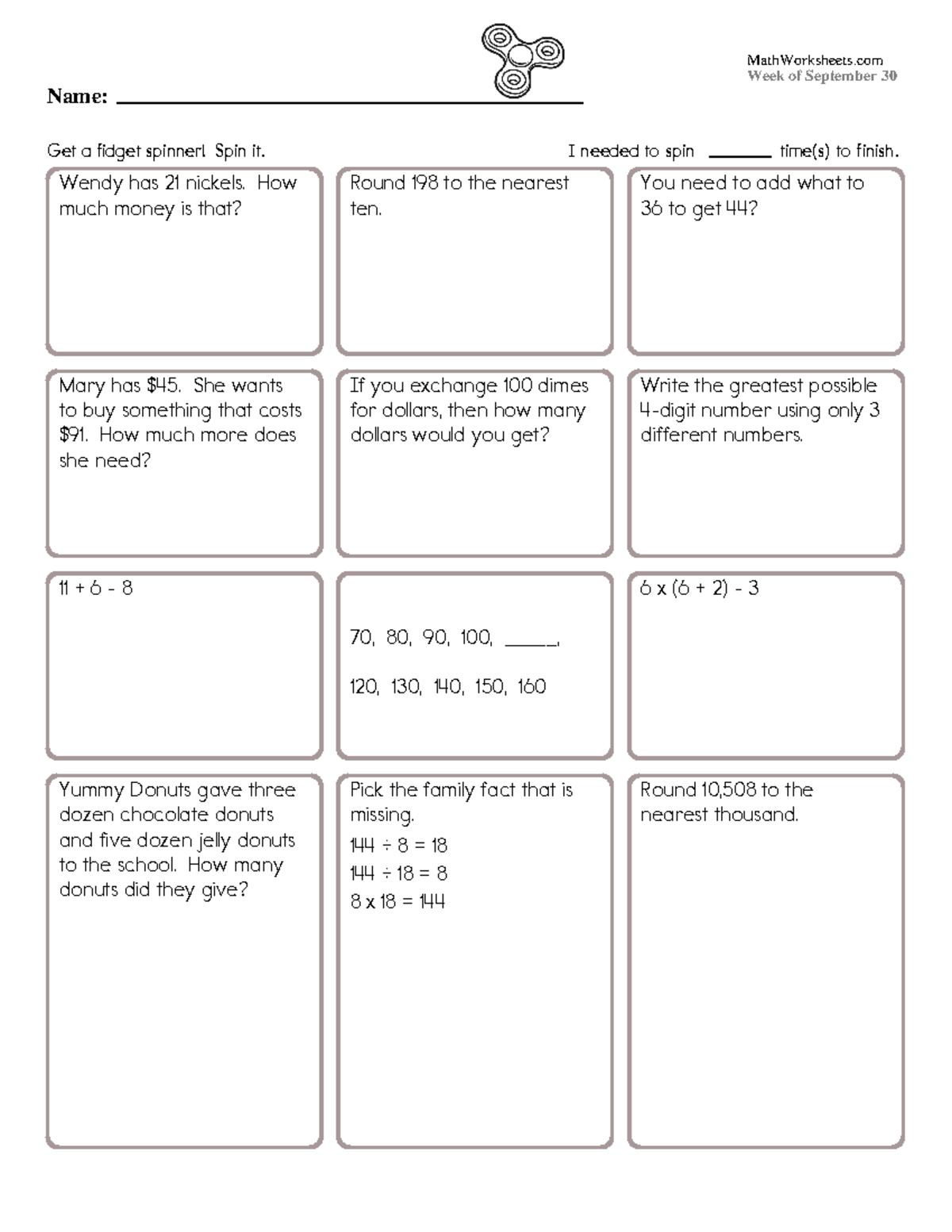 Math Worksheets Grade 5 9 30 - Name: Week of September 30 ####### *HW D ...