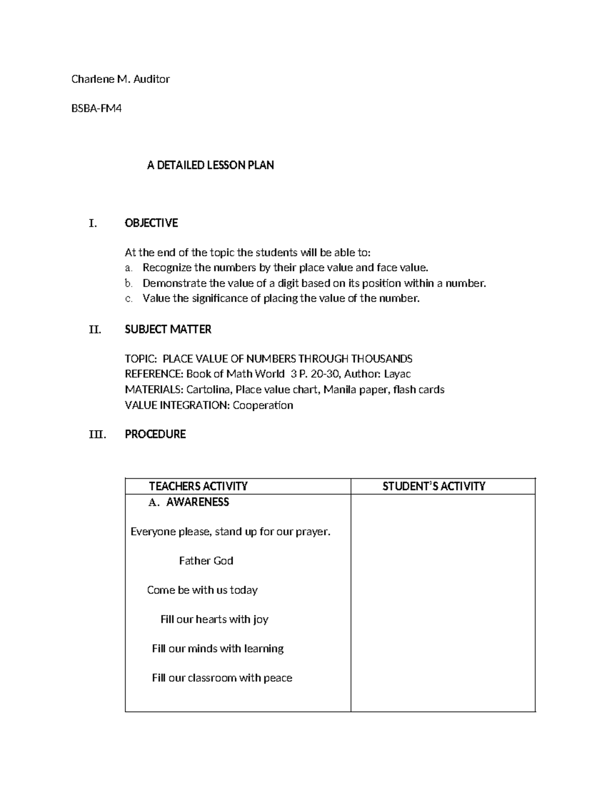 Detailed lesson plan 1 - goodluck - Charlene M. Auditor BSBA-FM A ...