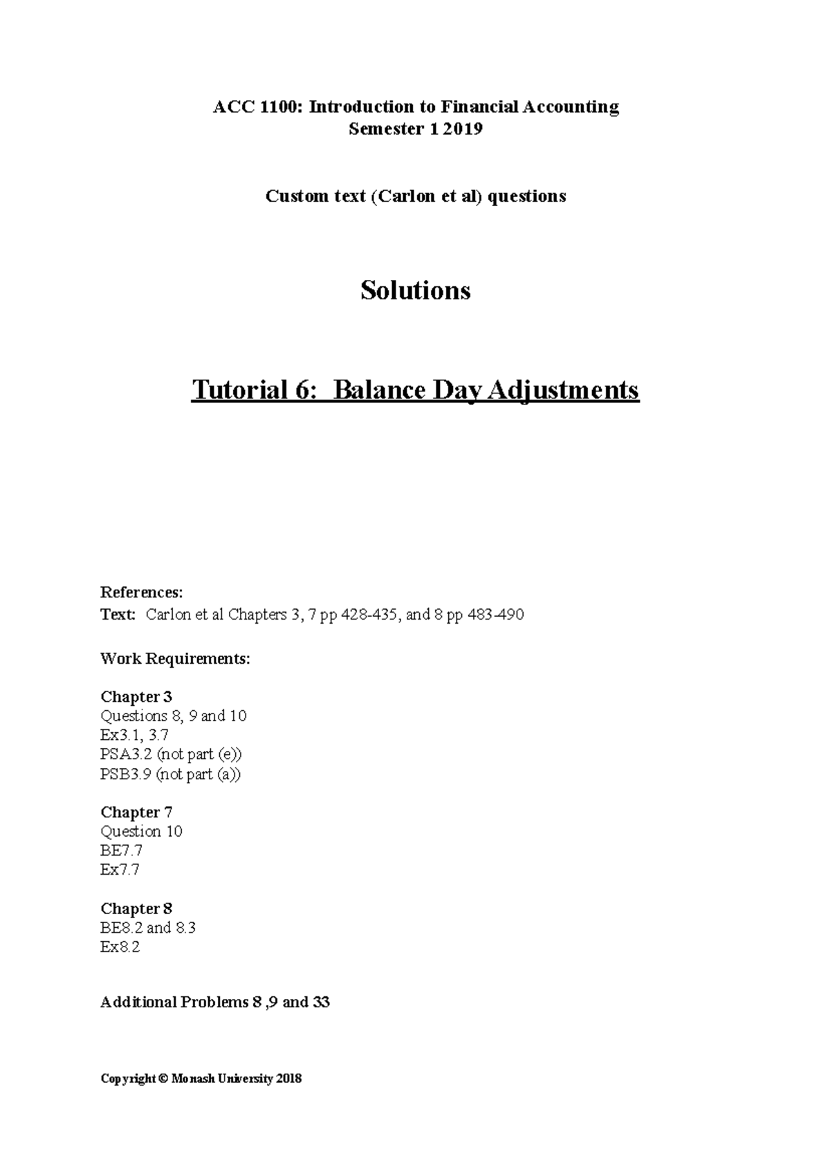 Tutorial 6 ACC ACF1100 S1 2019 - ACC 1100: Introduction to Financial ...